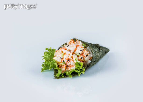 Japanese Temaki Hand Roll Sushi with Ebi black tiger shrimp, flying ...