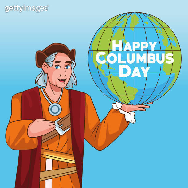 Columbus day celebration scene of christopher lifting globe earth ...