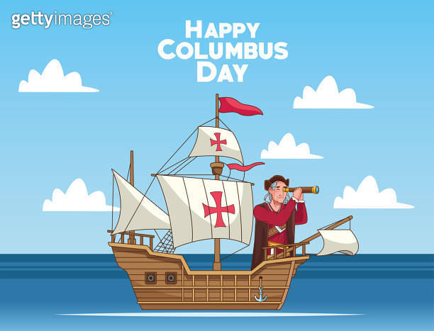 Columbus day celebration scene of christopher using telescope in ...