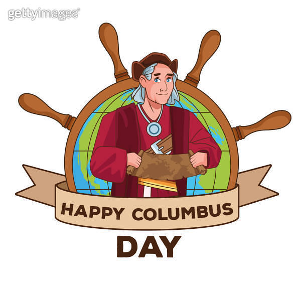 Columbus day celebration scene of christopher lifting paper map guide ...