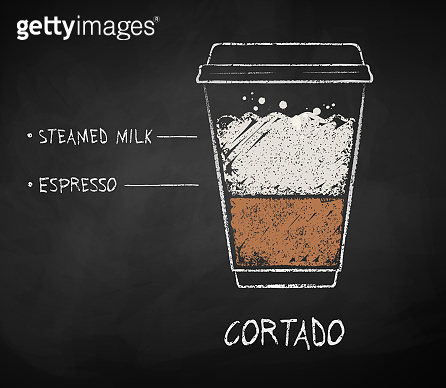 Chalk drawn sketch of Cortado coffee recipe 이미지 (1226970224) - 게티이미지뱅크