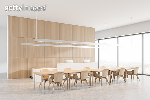 Modern white and wooden restaurant corner, side view 이미지 (1285965416 ...