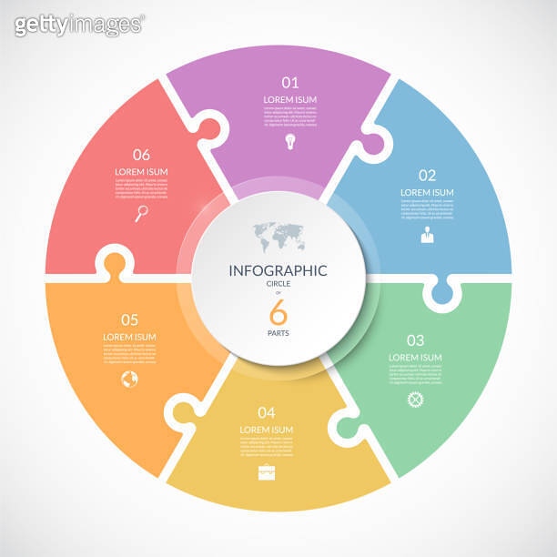 Vector infographic puzzle circular template. Cycle diagram with 6 parts ...