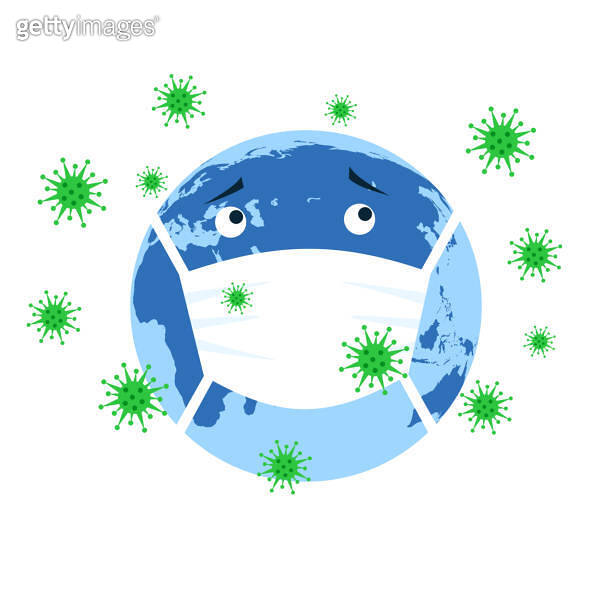 Earth with antivirus mask surrounded by viruses. Quarantined planet due ...