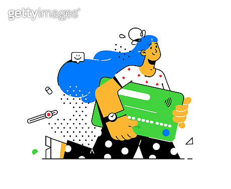 Illustration of a girl with a credit card in avant-garde style. Bank ...