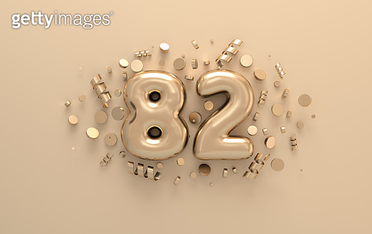 Golden 3d number 82 with festive confetti and spiral ribbons. Poster ...