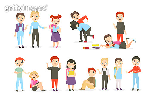School bullying flat vector illustrations set. Physical and ...