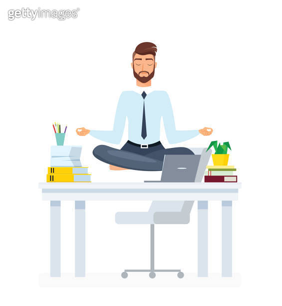 Meditating office employee flat illustration. Businessman practicing ...