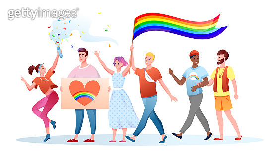 LGBT pride parade vector illustration, cartoon flat happy gays lesbians ...