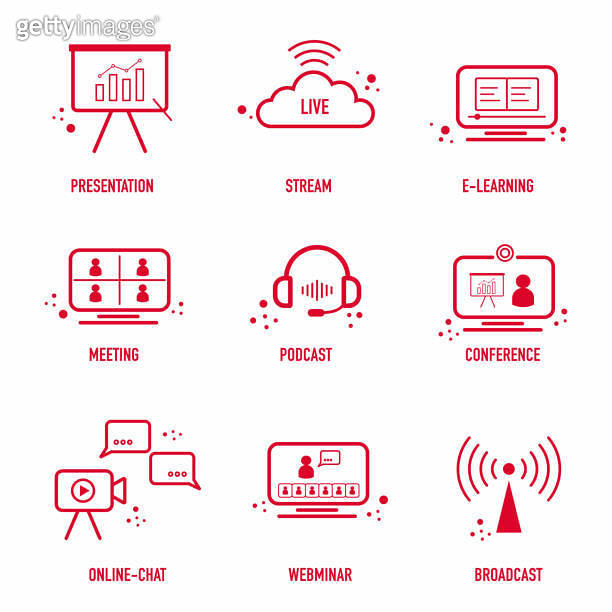 Vector live streaming icons. Set is editable stroke. Stream broadcast online meeting zoom ...