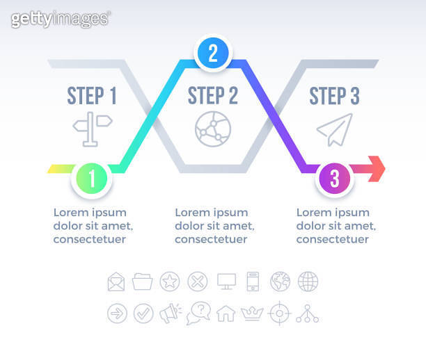 Three Step Line Progress Infographic Design 이미지 (1255776169) - 게티이미지뱅크