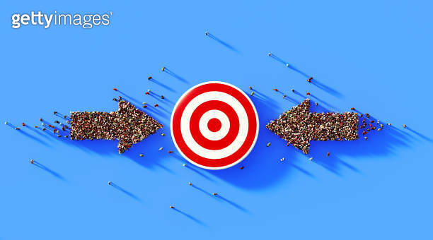 Human Crowd Forming Two Arrow Symbols Around A Red Bulls Eye: Marketing ...
