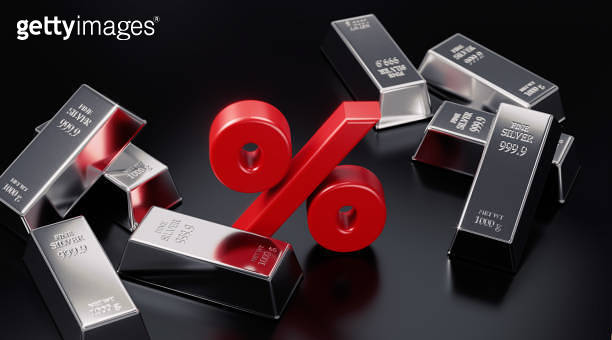 Red Percentage Sign Sitting on Black Background Amongst Silver Bars 이미지 ...
