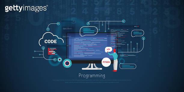 Developing programming and coding technologies. Young programmer coding ...