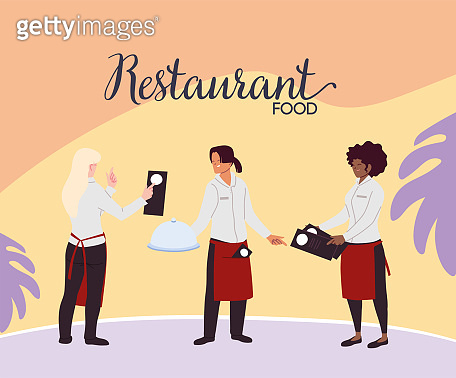 team of waiters with uniform and menus to take the order 이미지 ...