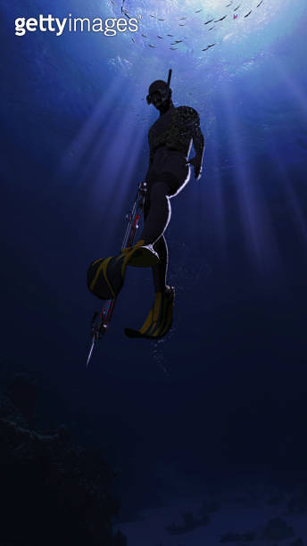 Spearfishing diver under effective lights holding his speargun low while rising to surface left ...