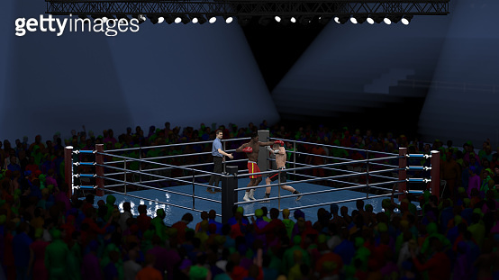 Boxing game under spotlights of box arena with crowded boxing fans 3d ...