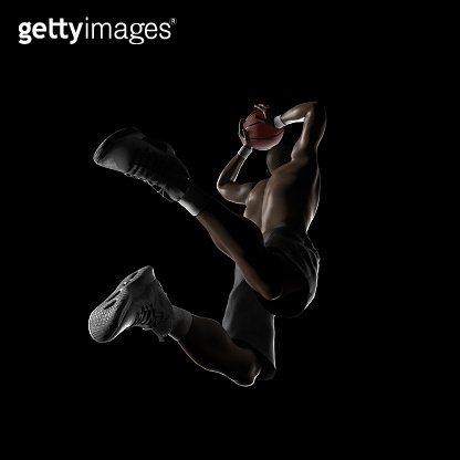 Wide angle from floor dunk pose with black background 3d render ...