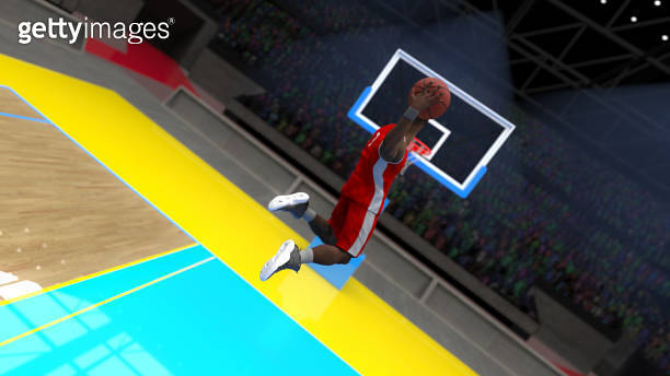 Twisted back view of basketball dunk, player is jumped high in ...