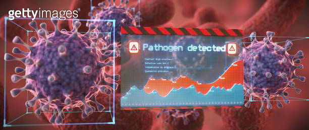 Virus pathogen cells under magnification with digital infographics ...