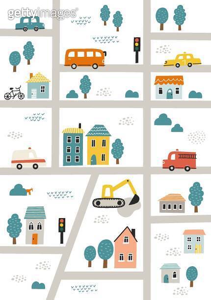 Hand drawn vector illustration. Cute town map with roads and houses for ...