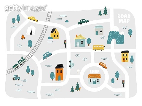 Cute town map for kid's room. Hand drawn vector illustration. Nursery ...
