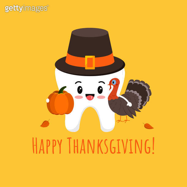 Thanksgiving tooth in pilgrim hat with pumpkin and turkey isolated ...