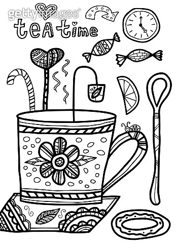 Coloring page for adult and kids. Cup of tea, candy, donut, clock ...