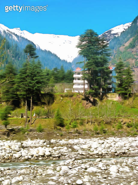 Watercolor mountain landscape. Kullu Valley, Himalayan. Pine trees ...