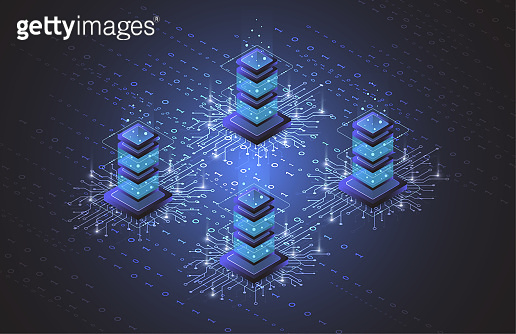 Server room isometric, Cloud storage data, Data center, Big data processing and computing ...