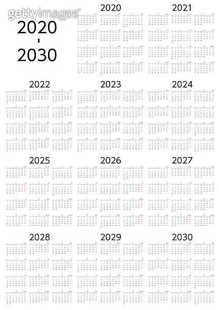 A 10-year calendar starting Sunday 2020-2030 (1257481160) 일러스트, 무료 일러스트 ...