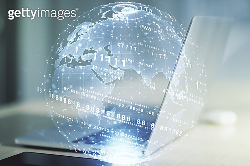 Multi exposure of abstract graphic coding sketch with world map on ...