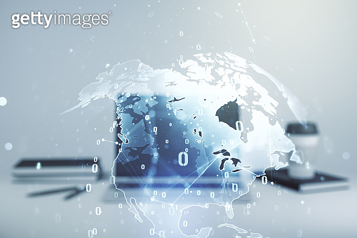 Double exposure of abstract programming language with world map on ...
