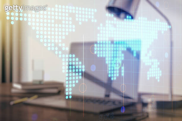 Abstract creative digital world map on modern computer background ...