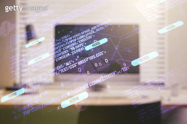 Double exposure of abstract programming language with world map on ...