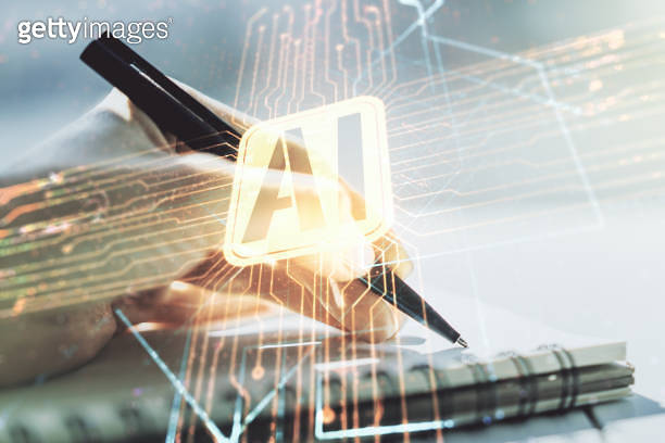Creative artificial Intelligence symbol concept with woman hand writing ...