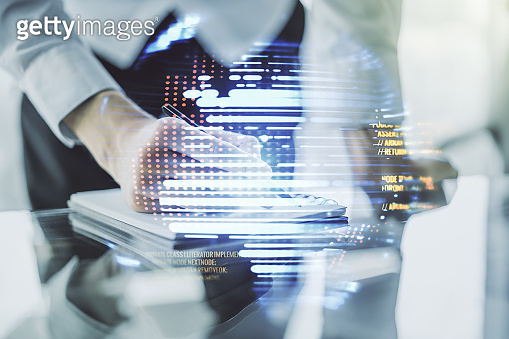 Double exposure of abstract programming language with world map and man ...