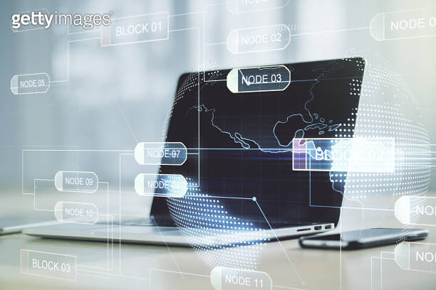 Double exposure of abstract programming language with world map on ...