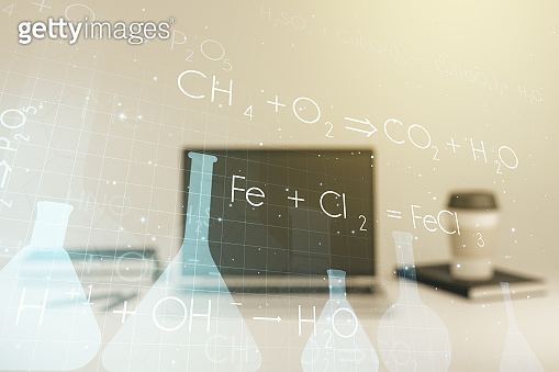 Creative chemistry illustration on modern computer background, science ...