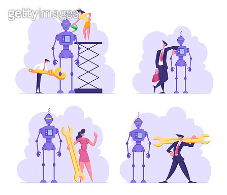 Set Cyborg Creating Process. Engineers or Business People Characters Set Up Huge Robot. Woman ...