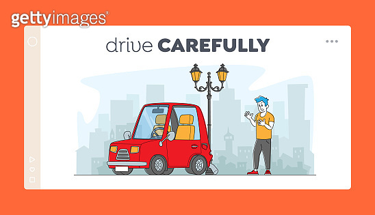 Driver after Car Accident on Road Landing Page Template. Male Character ...