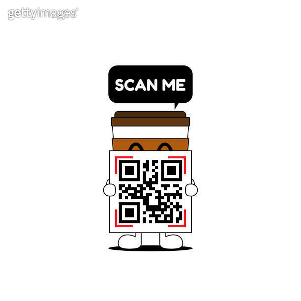 Coffee mug cartoon show QR code with lettering 'SCAN ME' in dialog box ...