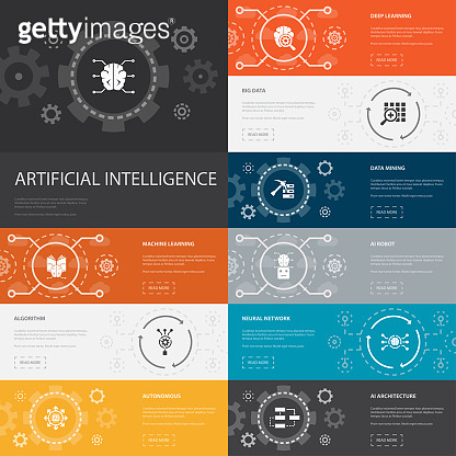 Artificial Intelligence Infographic 10 line icons banners. Machine learning, Algorithm, Deep ...
