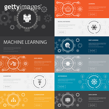 Machine learning Infographic 10 line icons banners.data mining ...