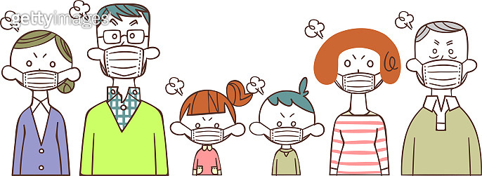 Angry side-by-side family of three generations wearing masks ...