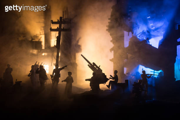 War Concept. Military silhouettes fighting scene on war fog sky ...