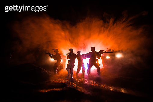 War Concept. Battle scene on war fog sky background, Fighting ...
