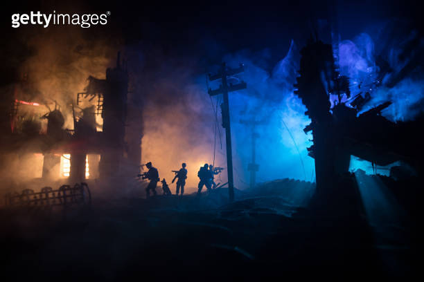War Concept. Military silhouettes fighting scene on war fog sky ...