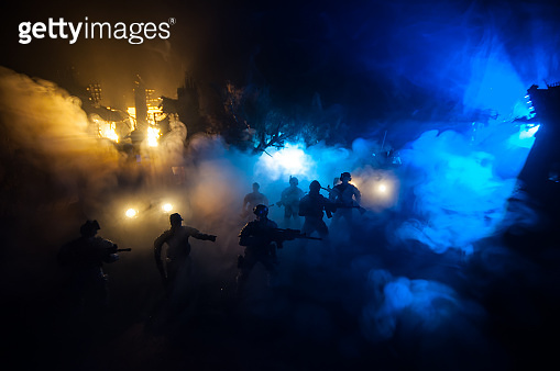 War Concept. Battle scene on war fog sky background, Fighting ...