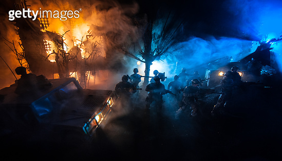 War Concept. Battle scene on war fog sky background, Fighting ...
